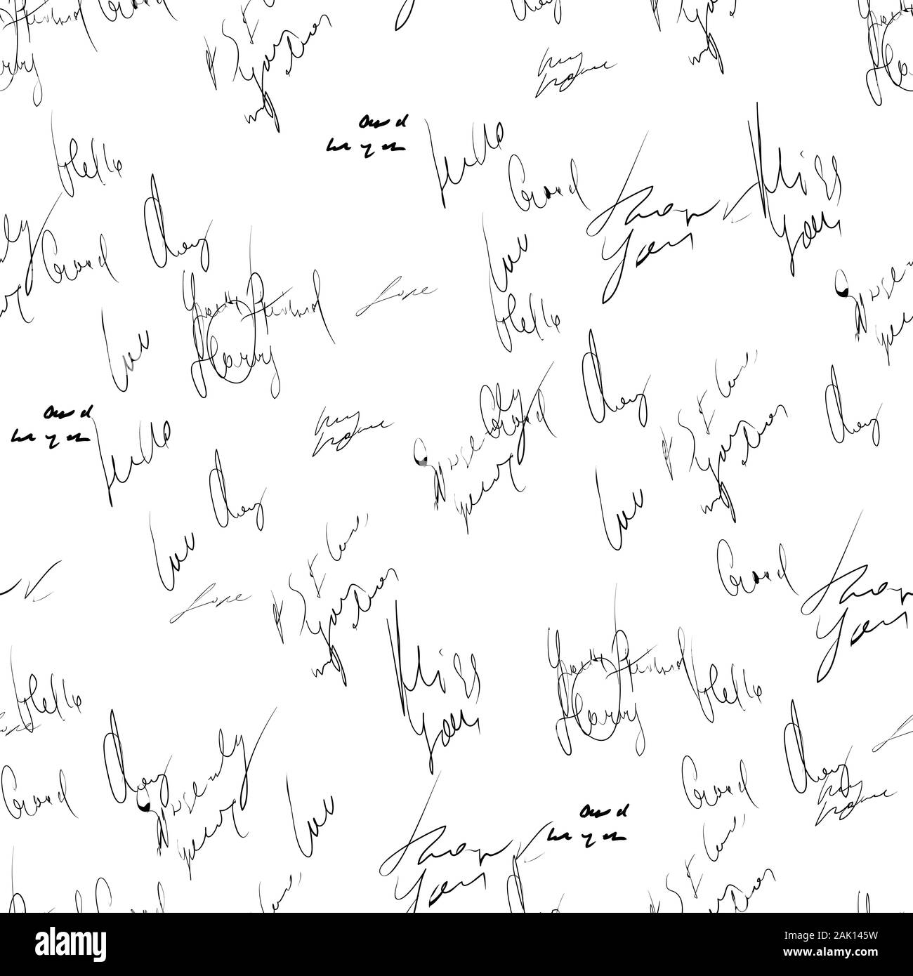 Seamless abstract text pattern. Handwritten font on a white background ...