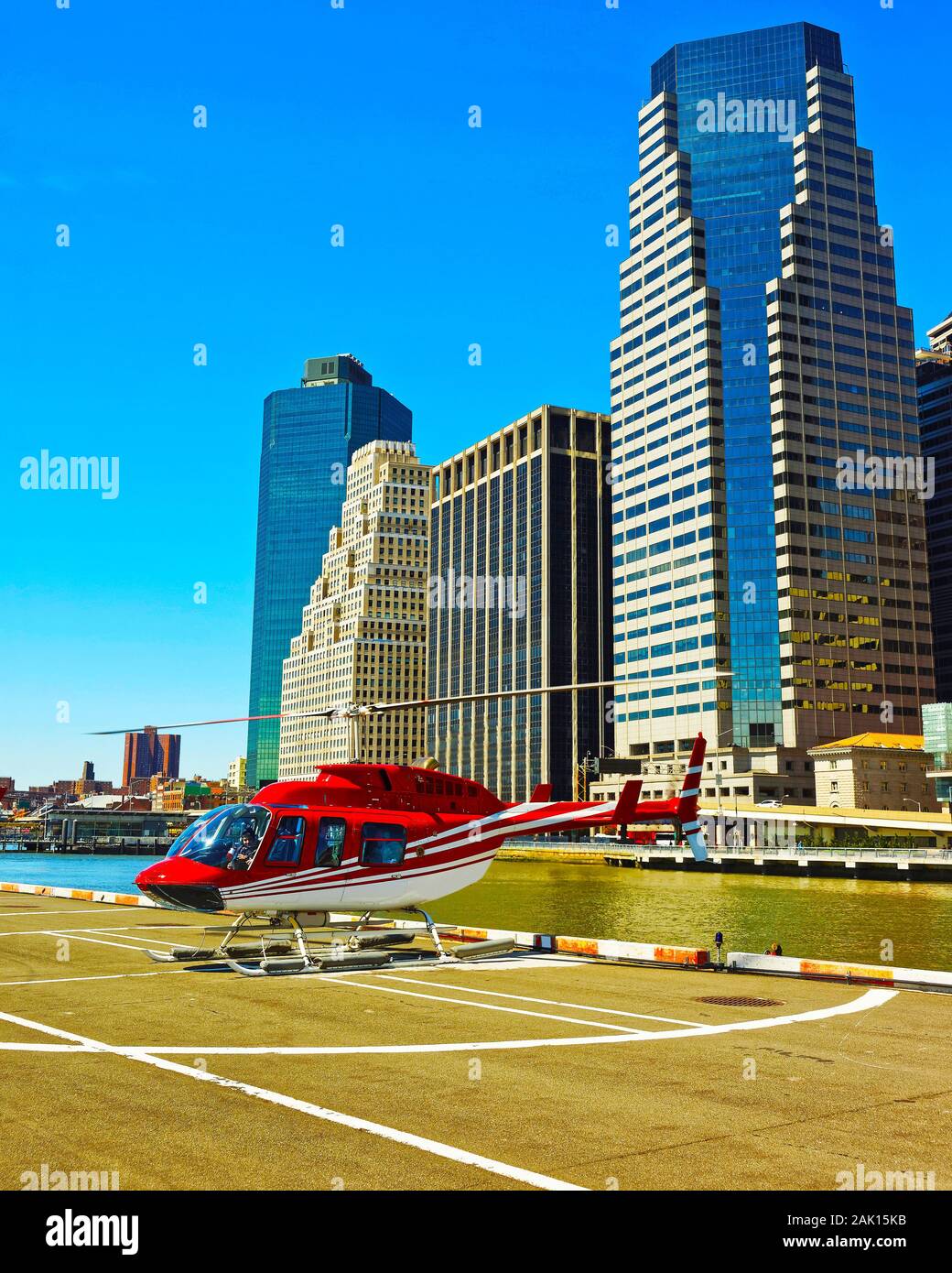 Helicopter on the helipad in Lower Manhattan New York reflex Stock ...