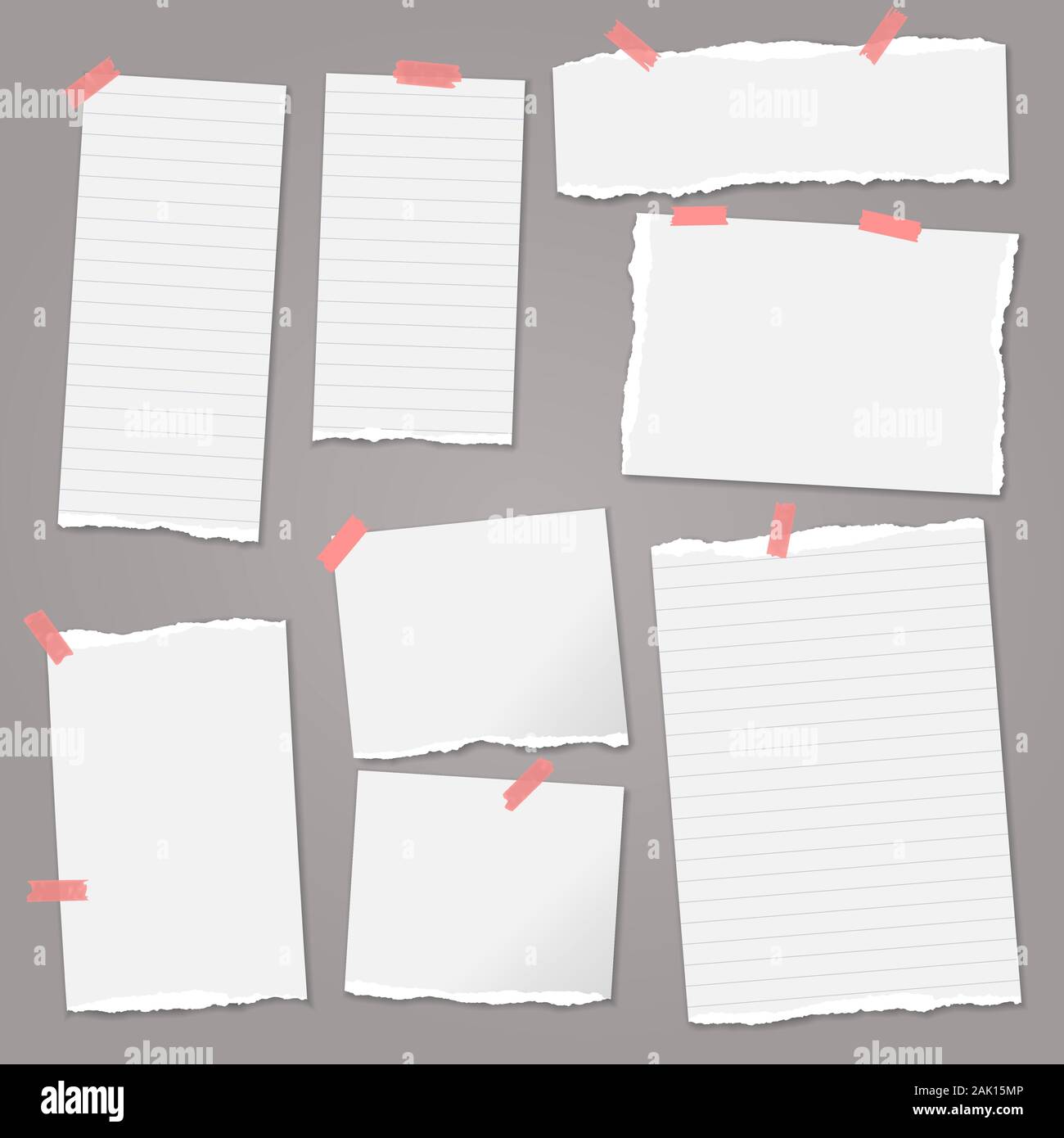 Set of torn white, lined note, notebook paper strips and pieces with ...