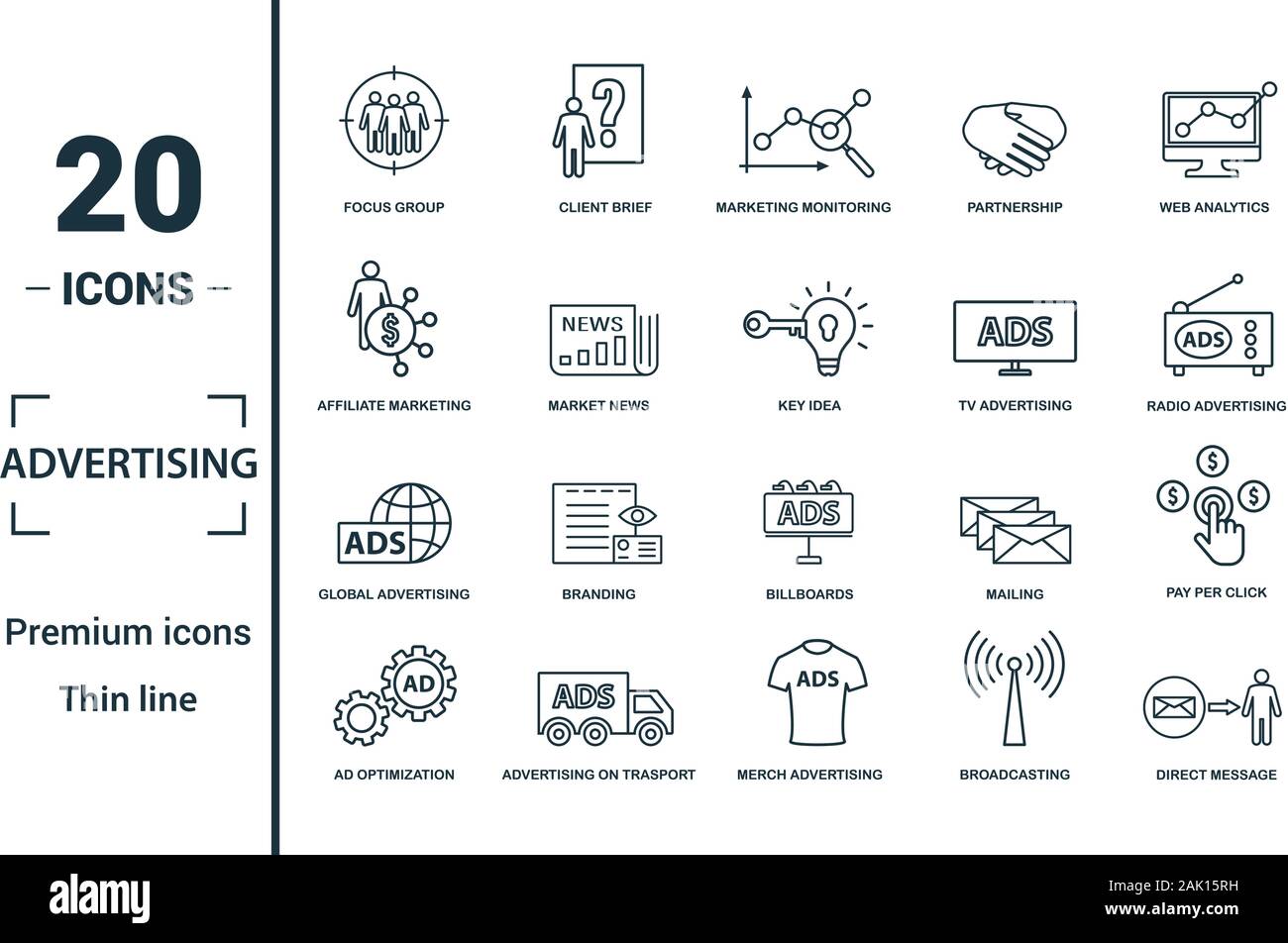 Advertising icon set. Include creative elements focus group, marketing ...