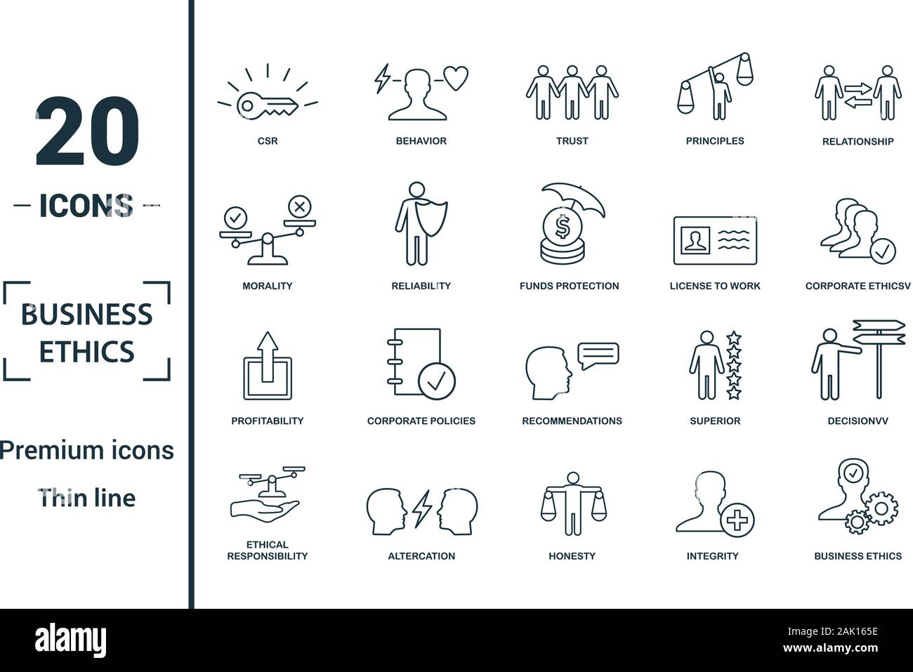 Business Ethics icon set. Include creative elements csr, trust ...