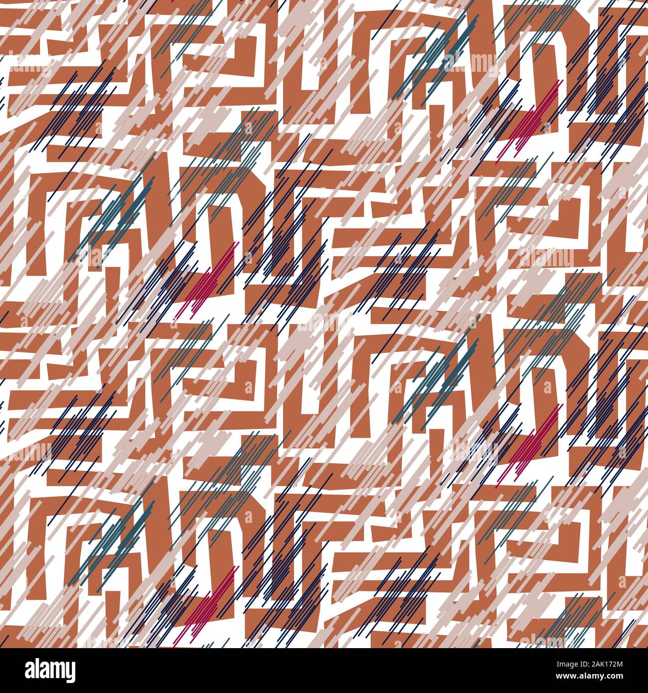 Stroked mosaic maze shapes abstract seamless pattern. Terracotta color ...