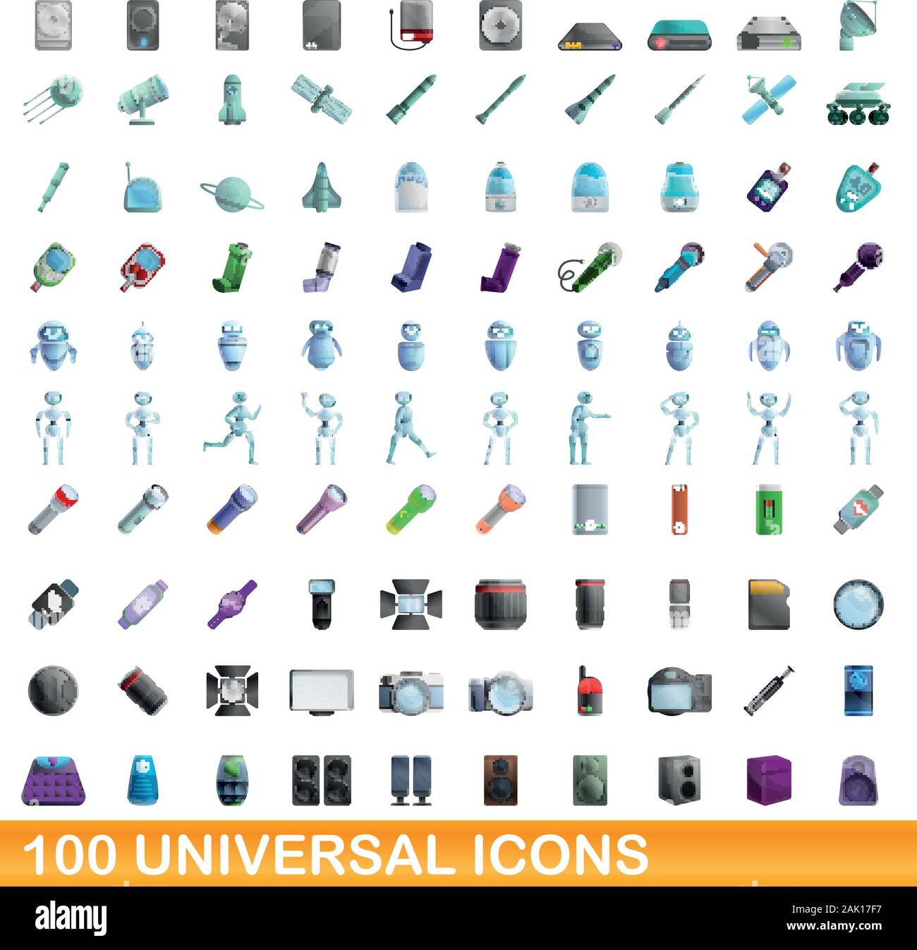 100 universal icons set. Cartoon illustration of 100 universal icons ...