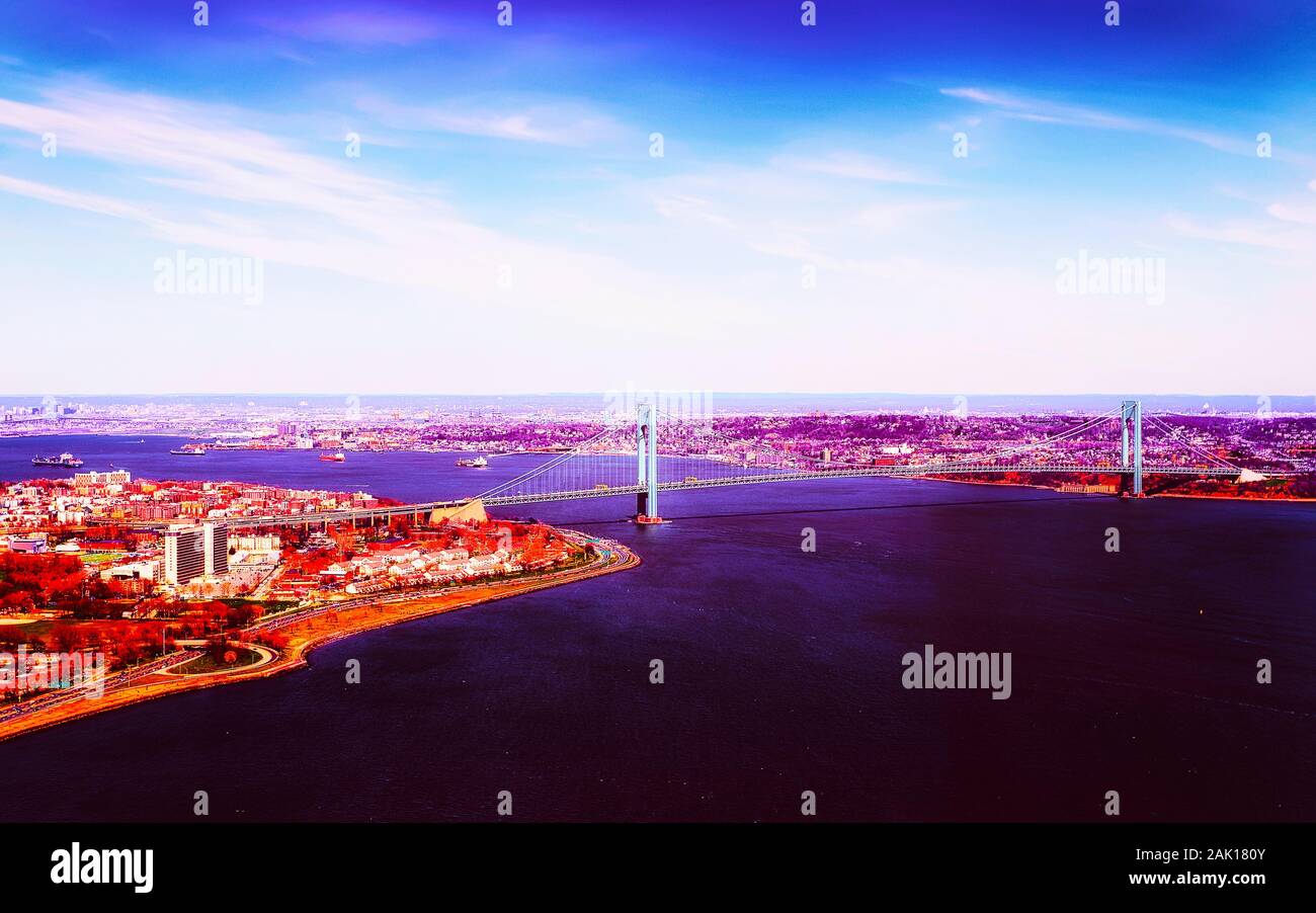 Aerial view on Verrazano Narrows Bridge and Narrows reflex Stock Photo ...