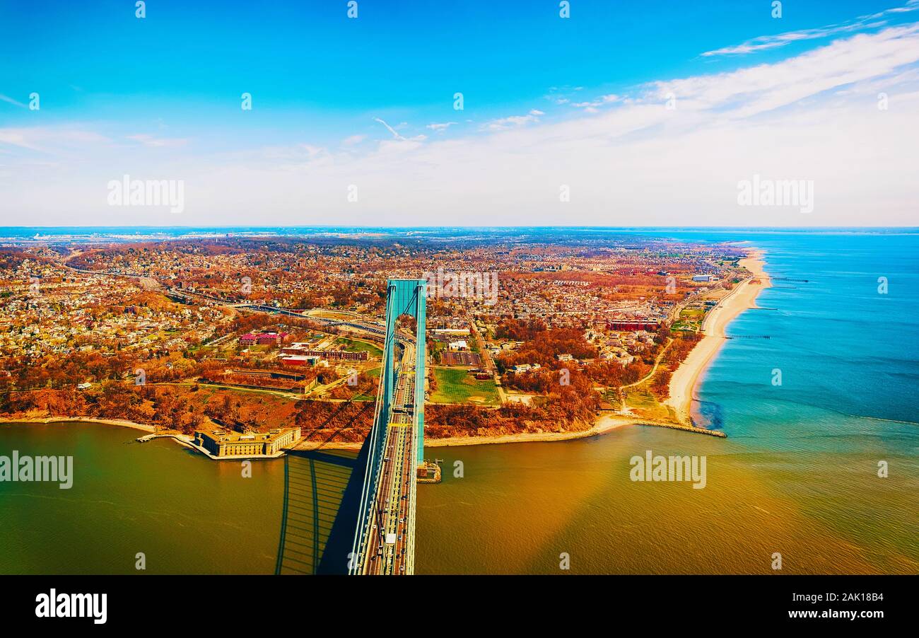 Aerial view on Verrazano Narrows Bridge over Narrows Brooklyn reflex ...