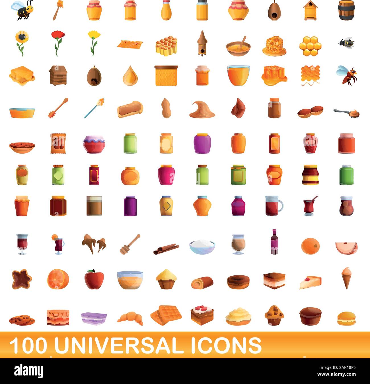 100 universal icons set. Cartoon illustration of 100 universal icons ...