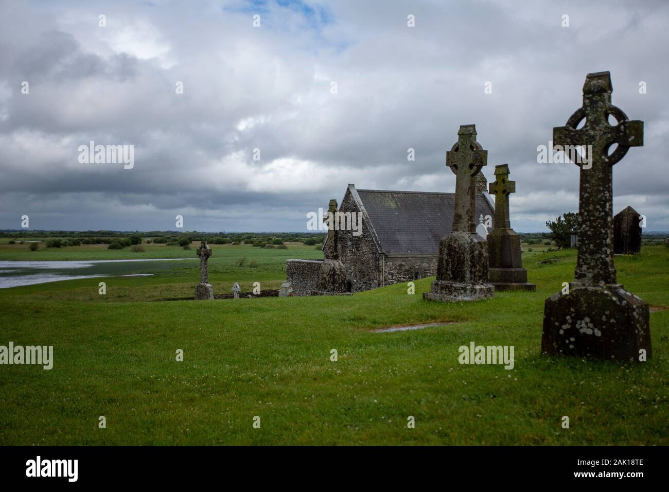Archaeological site of Clonmacnoise in Ireland with a cathedral ...