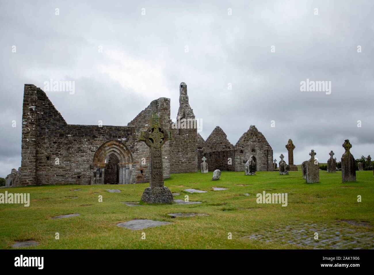 Archaeological site of Clonmacnoise in Ireland with a cathedral ...