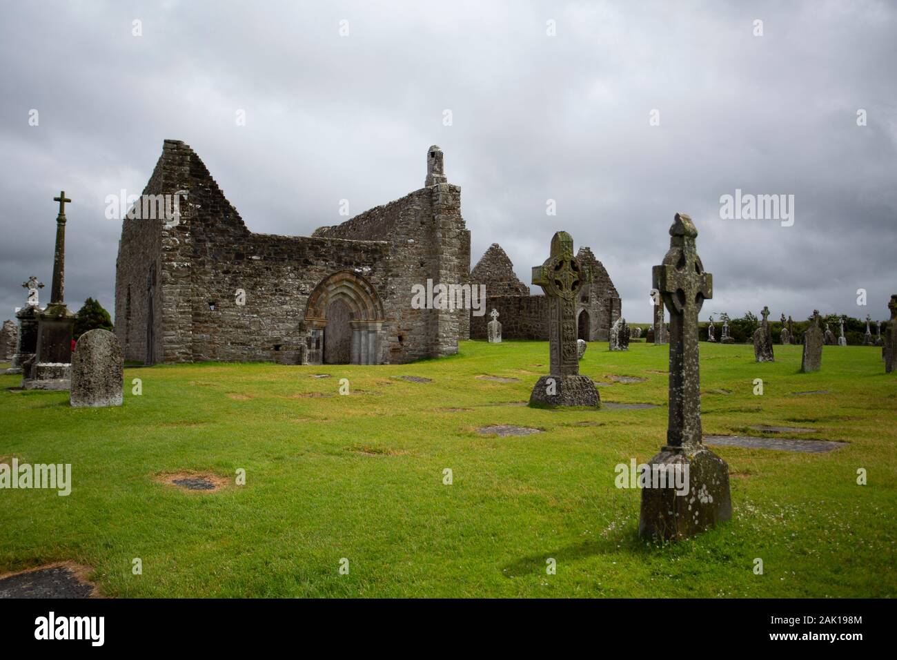 Archaeological site of Clonmacnoise in Ireland with a cathedral ...