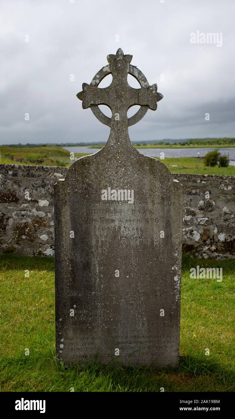 Archaeological site of Clonmacnoise in Ireland with a cathedral ...