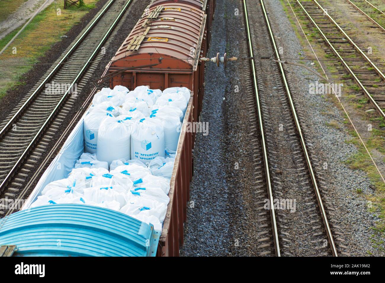 Top view freight train transports goods by rail Stock Photo - Alamy