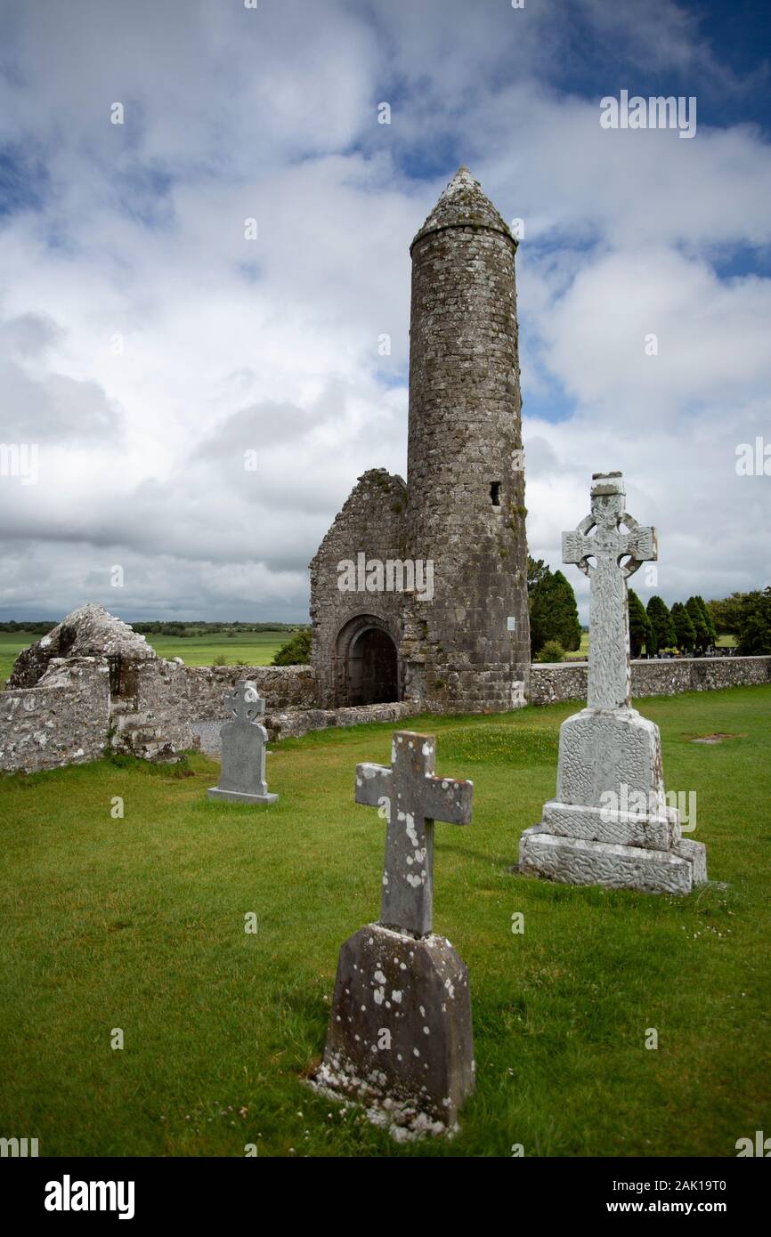 Archaeological site of Clonmacnoise in Ireland with a cathedral ...