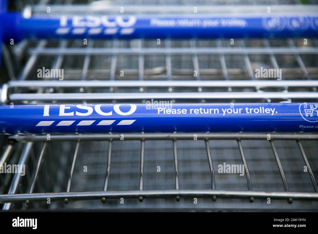 A view of Tesco trolleys outside a Tesco Extra store in north London ...
