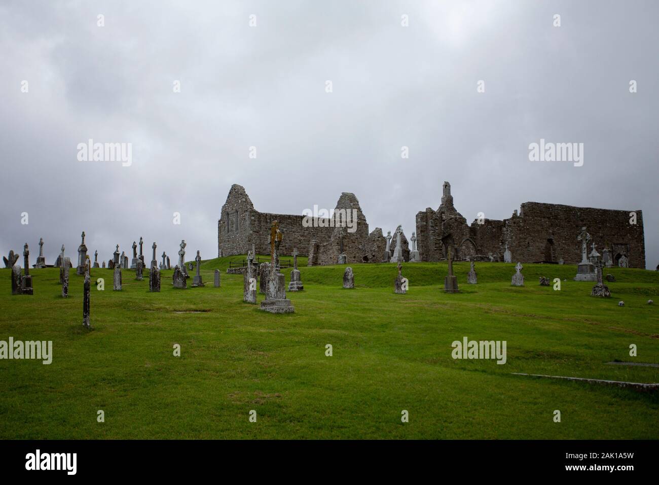 Archaeological site of Clonmacnoise in Ireland with a cathedral ...