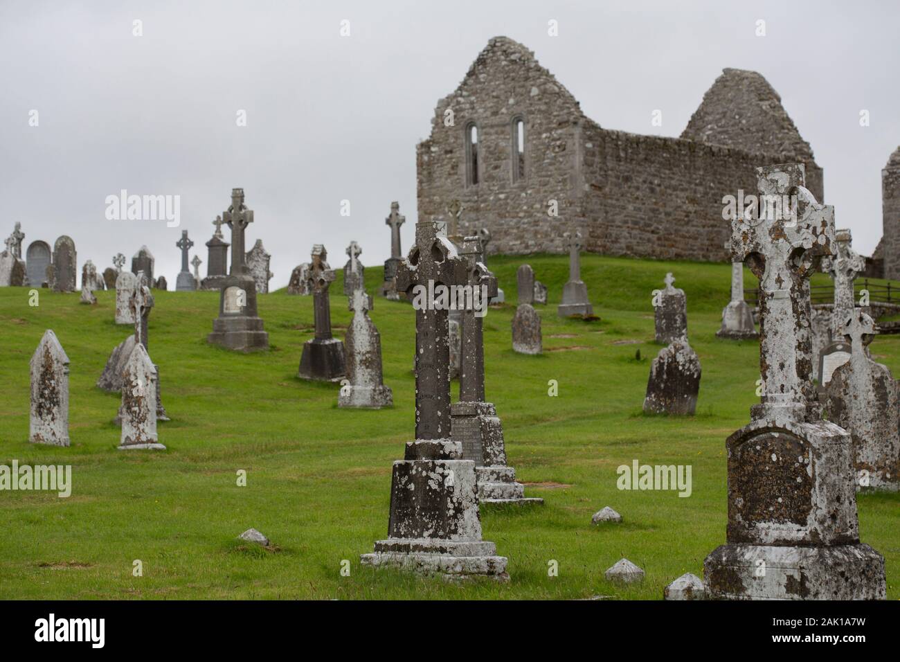 Archaeological site of Clonmacnoise in Ireland with a cathedral ...