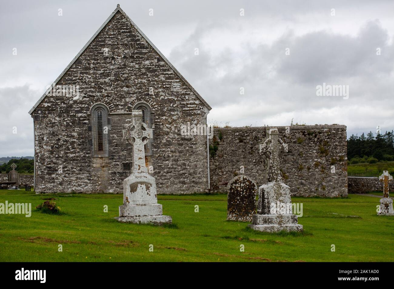 Archaeological site of Clonmacnoise in Ireland with a cathedral ...