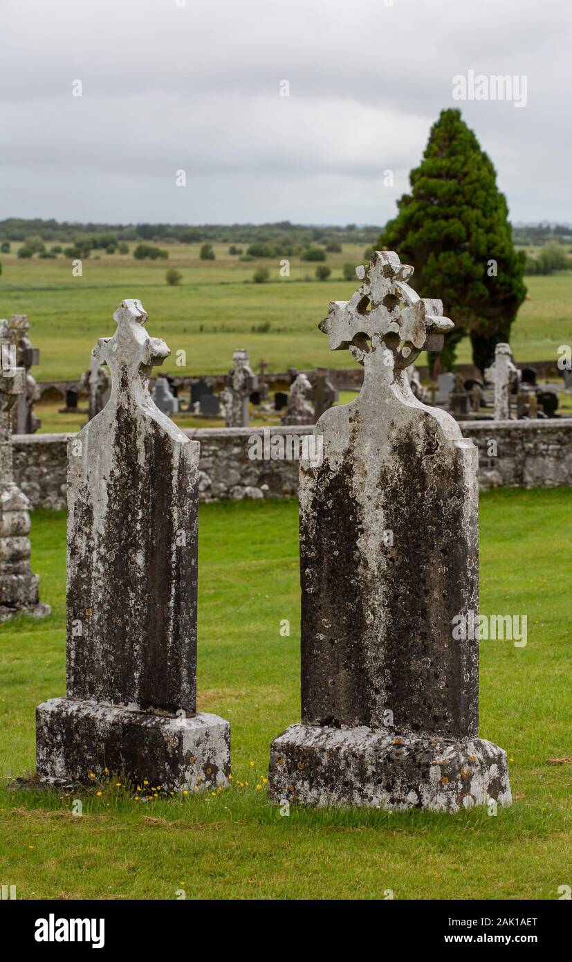 Archaeological site of Clonmacnoise in Ireland with a cathedral ...