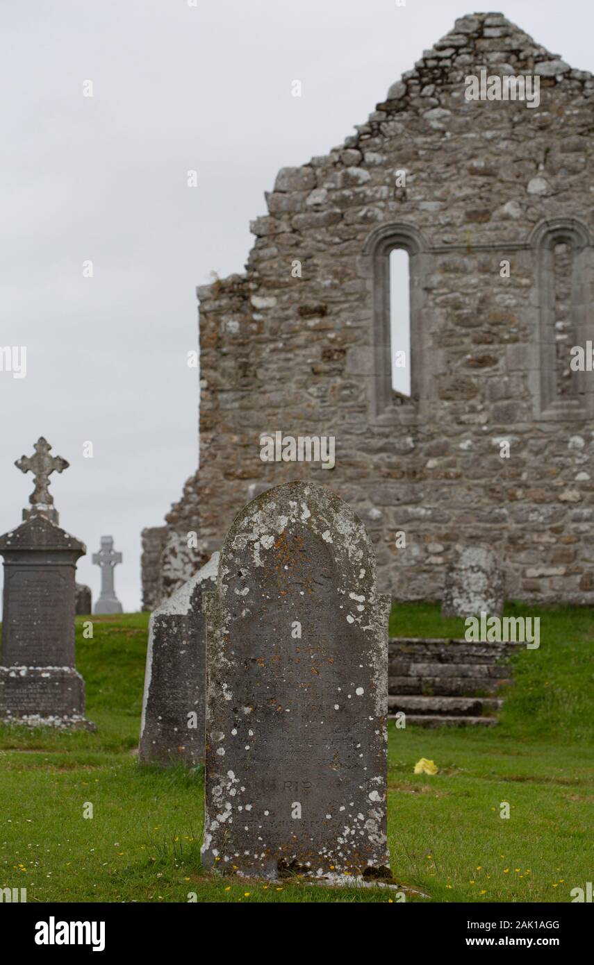 Archaeological site of Clonmacnoise in Ireland with a cathedral ...