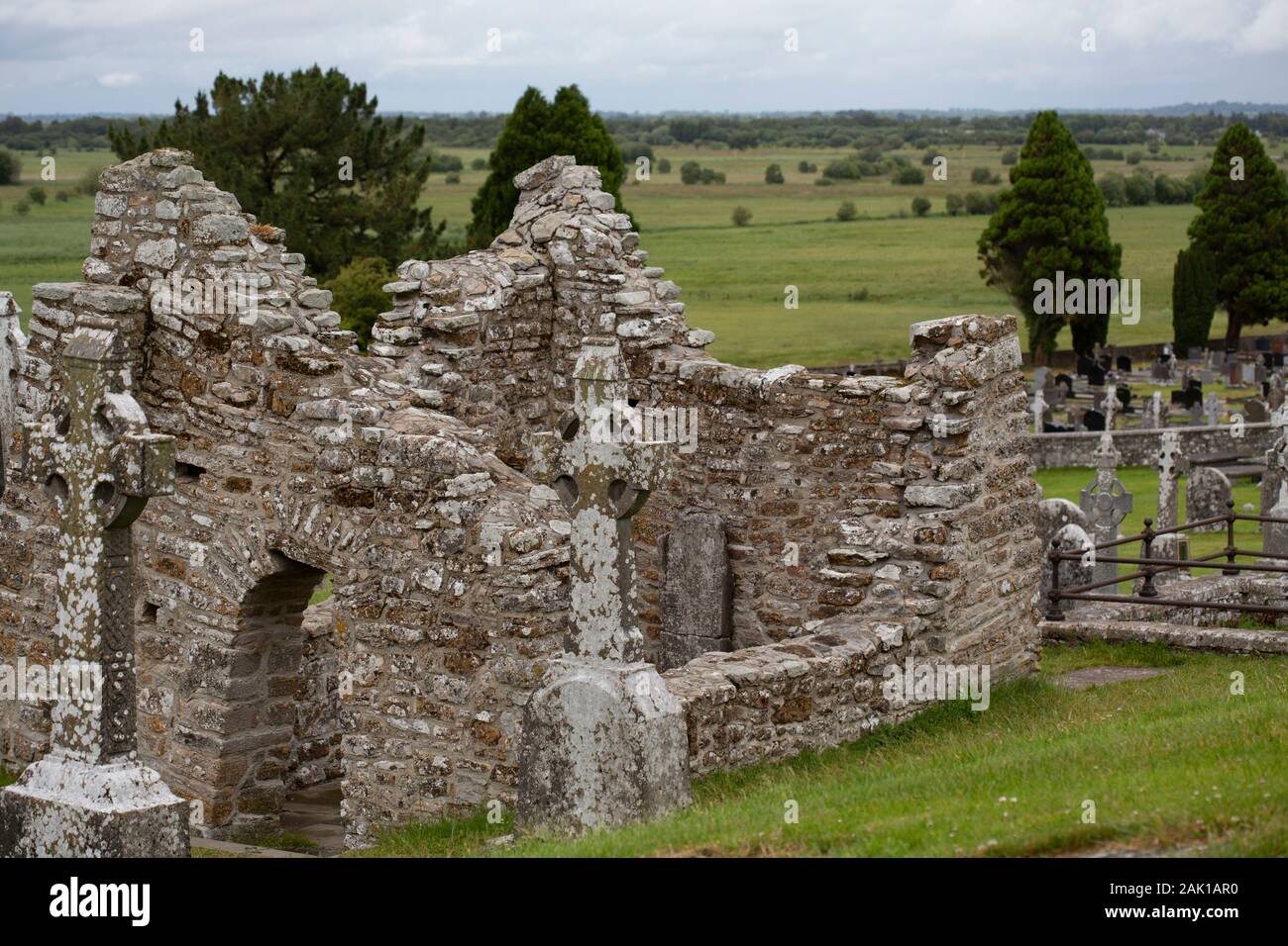 Archaeological site of Clonmacnoise in Ireland with a cathedral ...