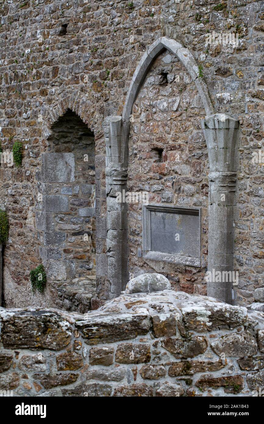 Archaeological site of Clonmacnoise in Ireland with a cathedral ...