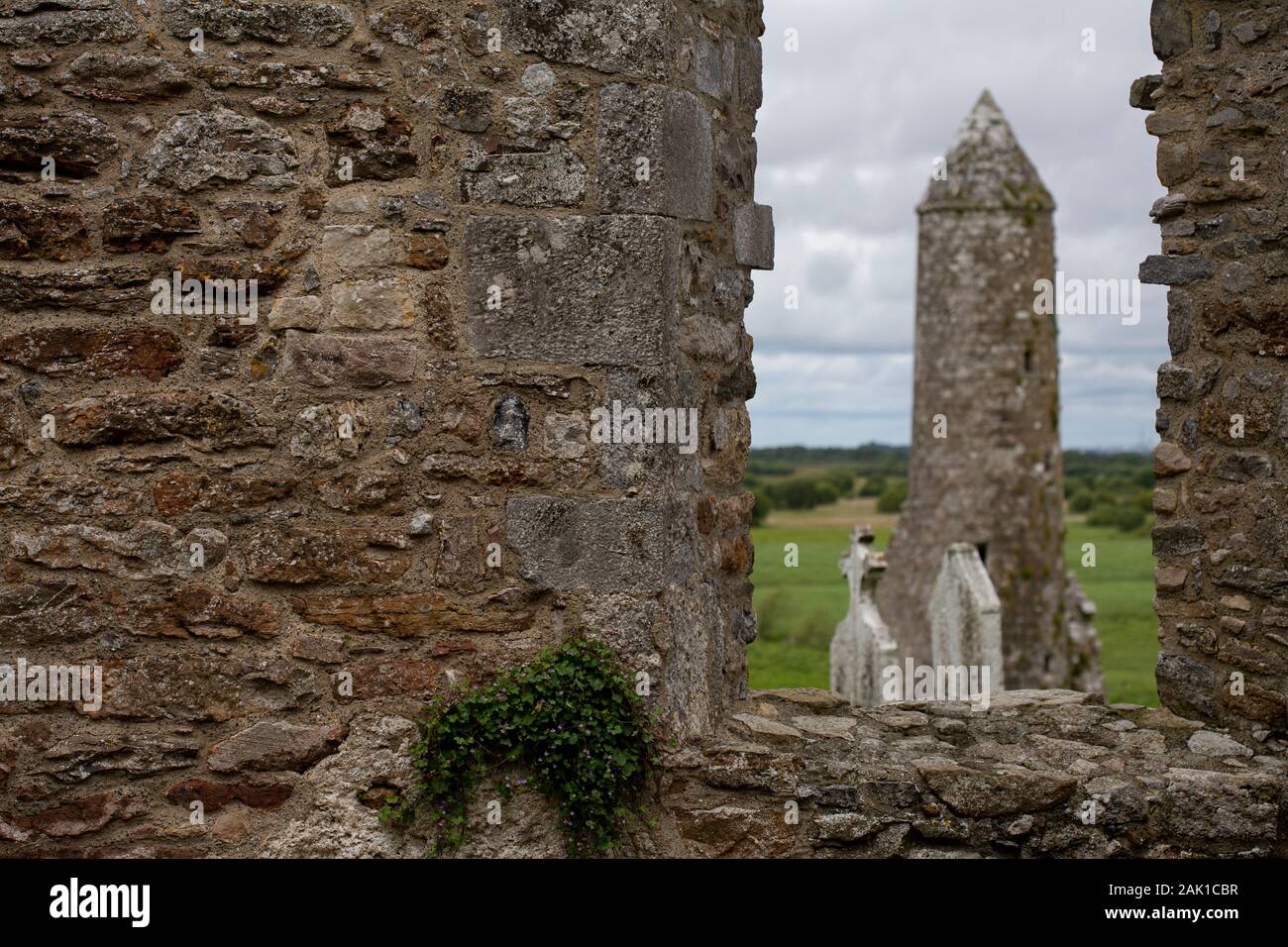 Archaeological site of Clonmacnoise in Ireland with a cathedral ...