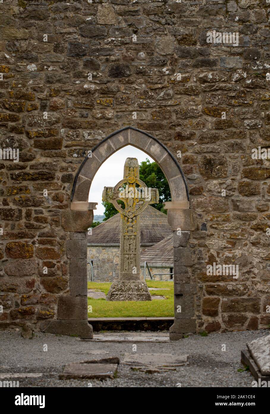 Archaeological site of Clonmacnoise in Ireland with a cathedral ...
