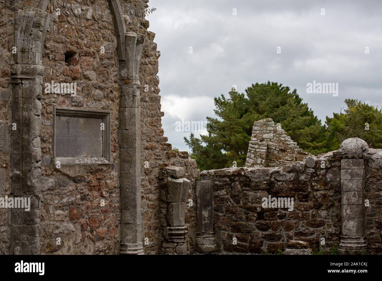 Archaeological site of Clonmacnoise in Ireland with a cathedral ...