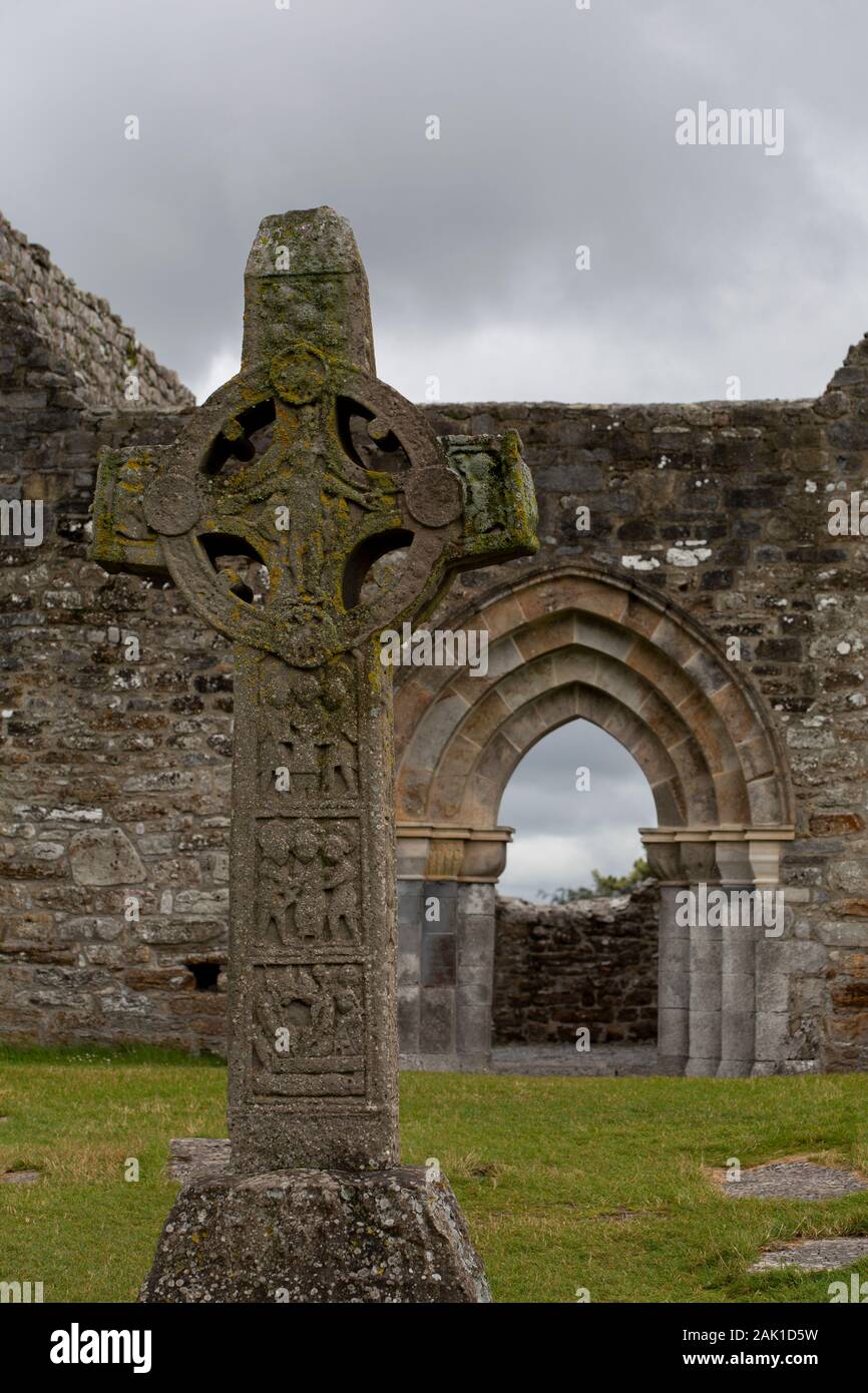 Archaeological site of Clonmacnoise in Ireland with a cathedral ...