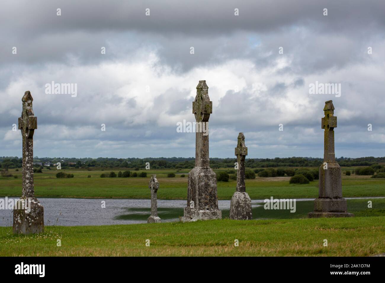 Archaeological site of Clonmacnoise in Ireland with a cathedral ...