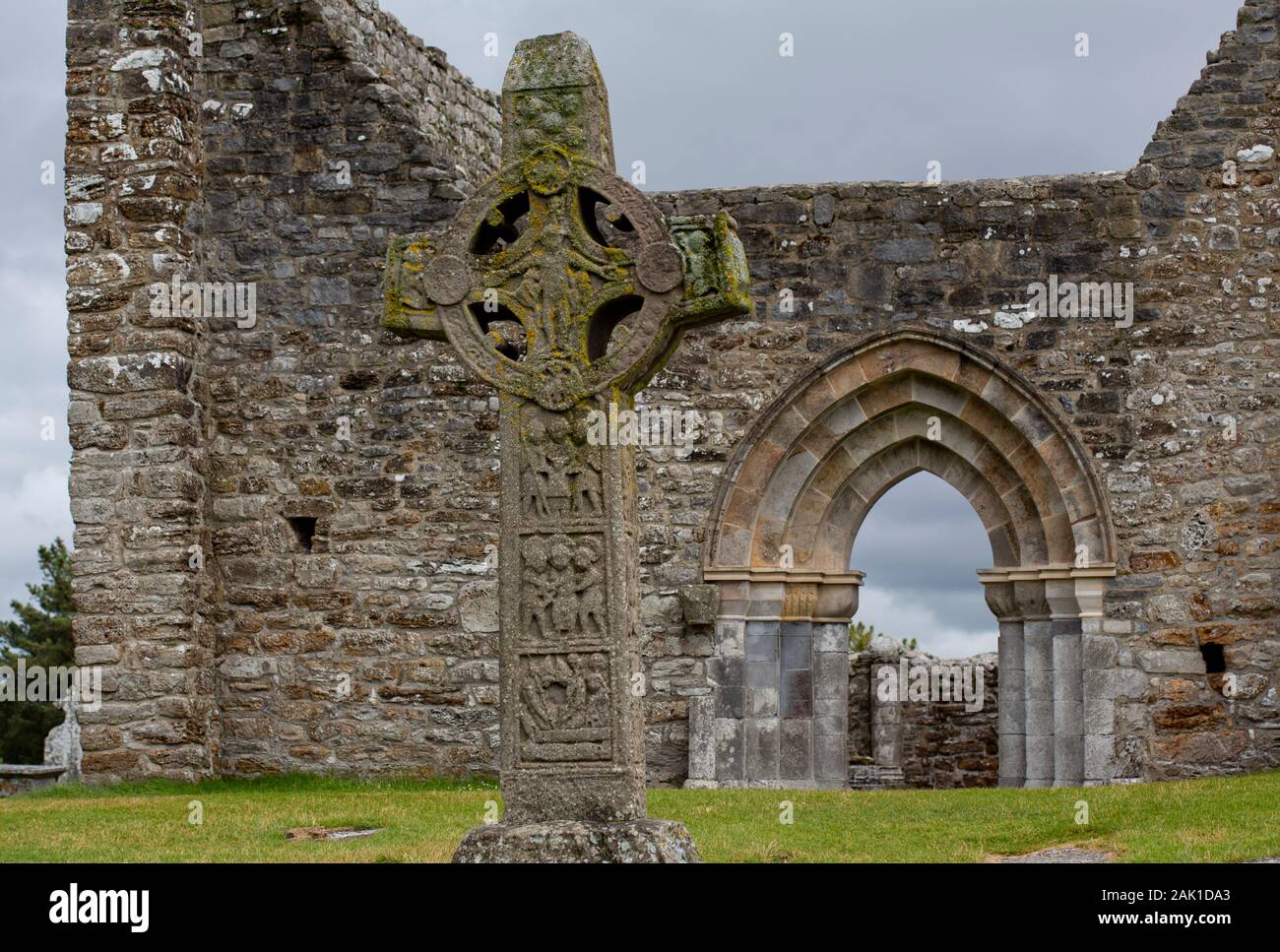 Archaeological site of Clonmacnoise in Ireland with a cathedral ...