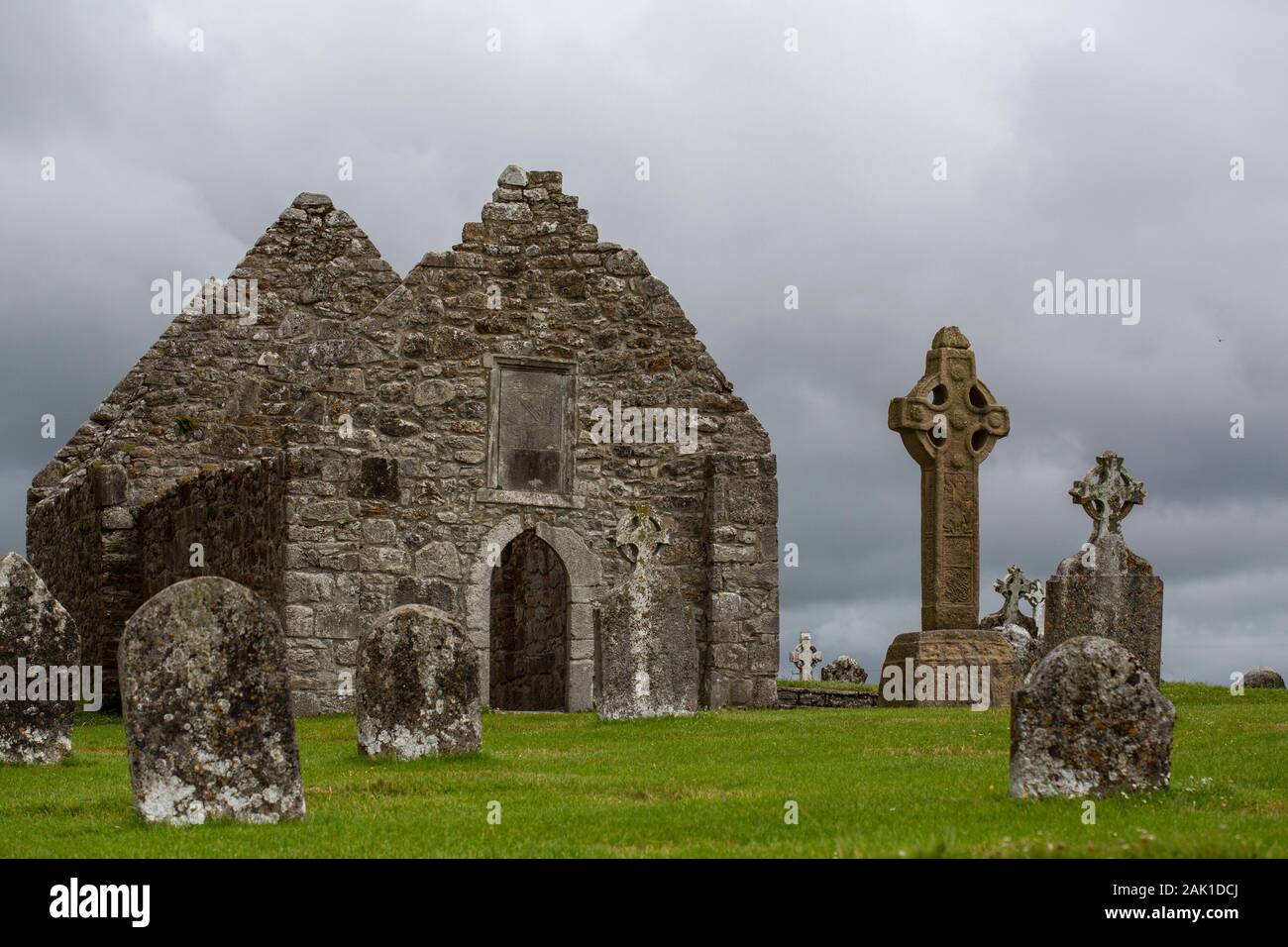 Archaeological site of Clonmacnoise in Ireland with a cathedral ...