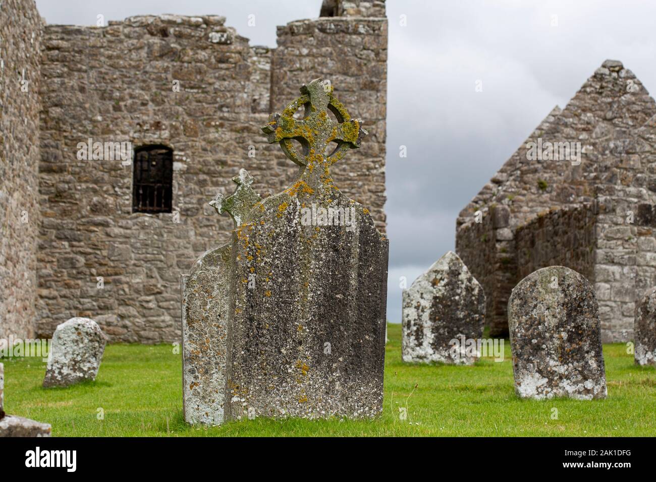 Archaeological site of Clonmacnoise in Ireland with a cathedral ...