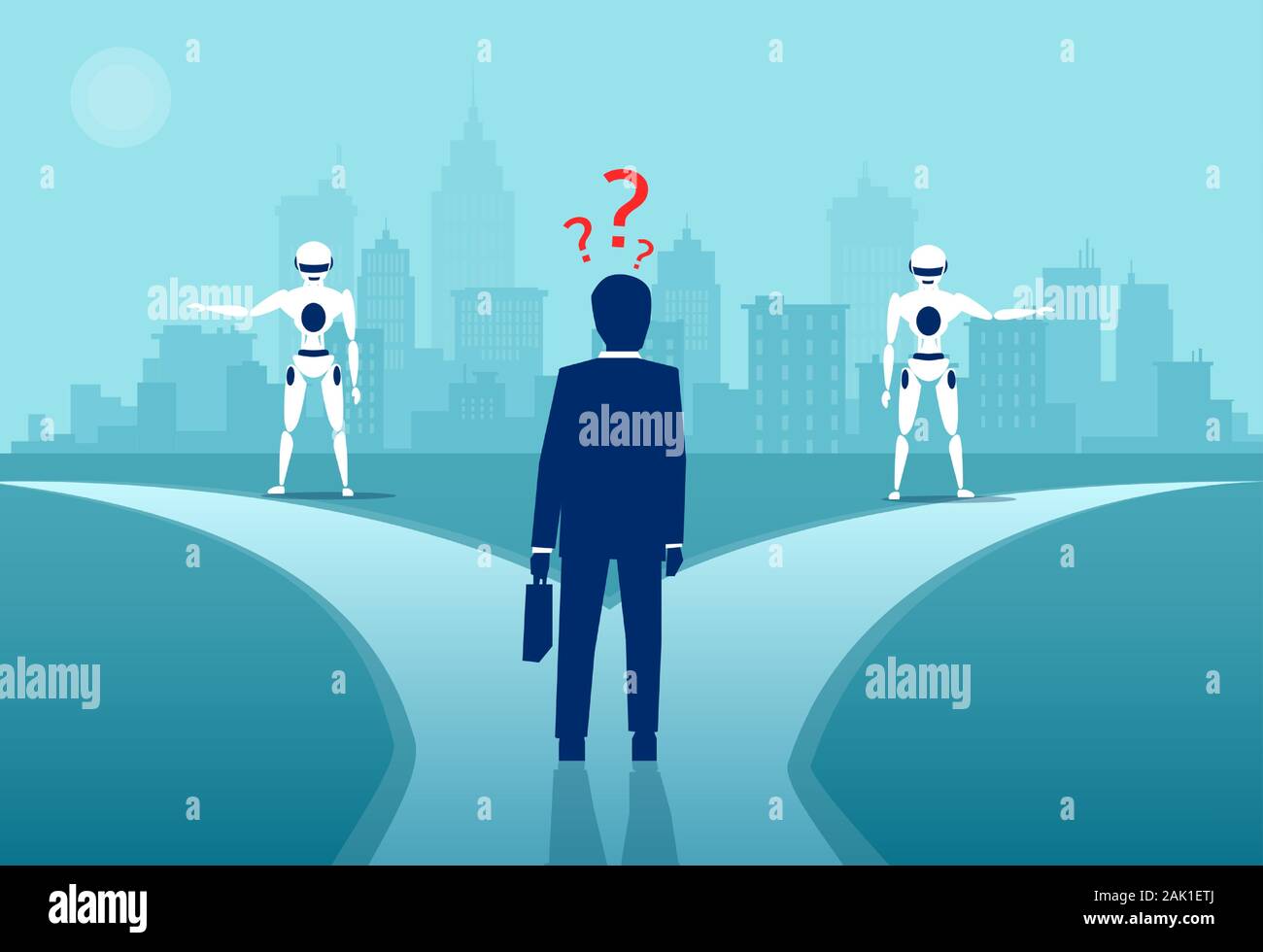 Vector of a confused businessman standing at technology crossroads ... Vector of a confused businessman standing at technology crossroads ...