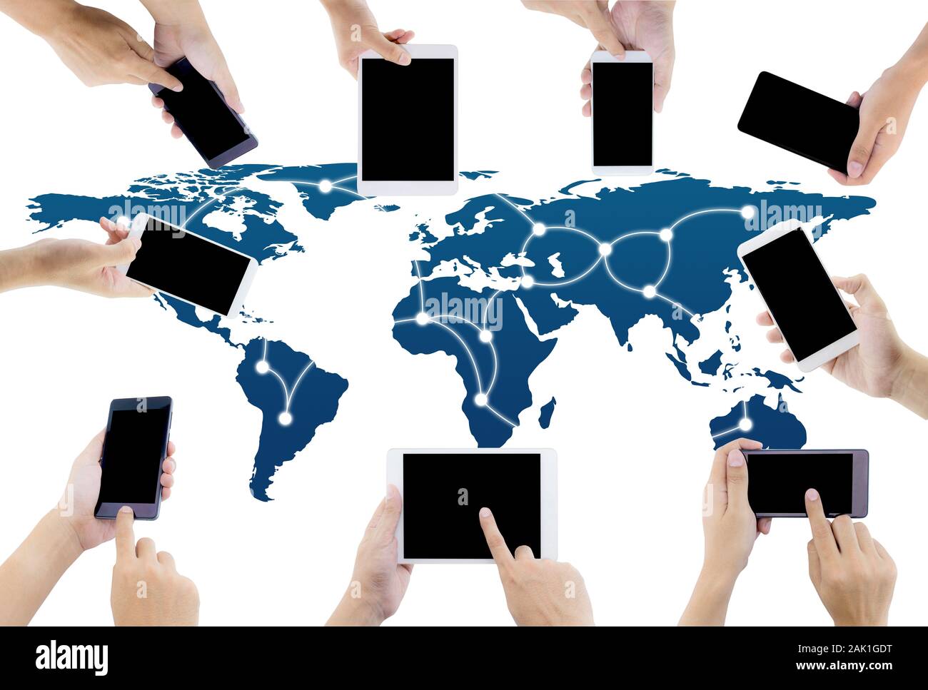 Communication connection with world map of digital devices with hand ...