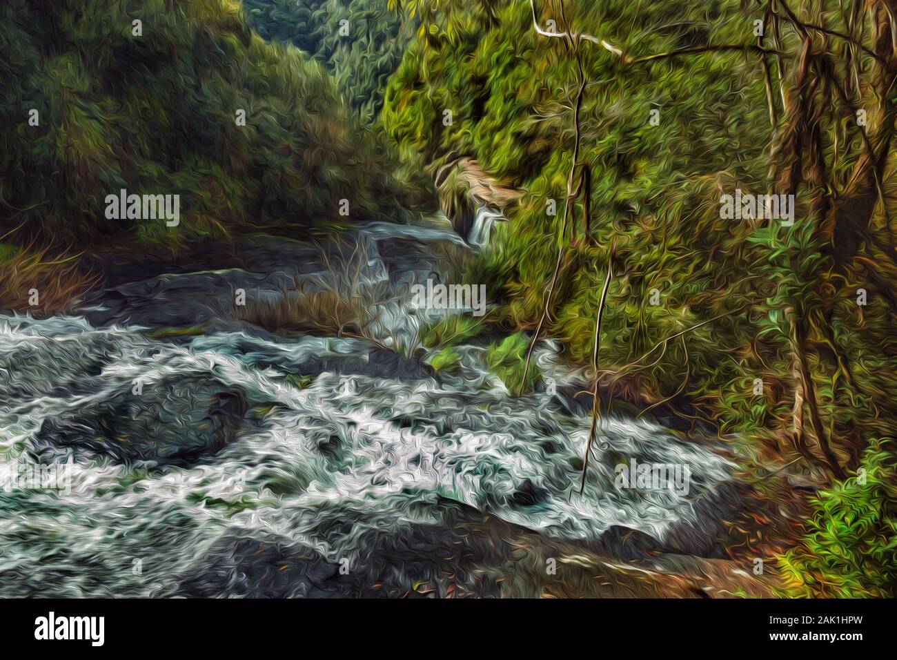 Waterfall falling over rocks amid lush forest at the Caracol Park near ...
