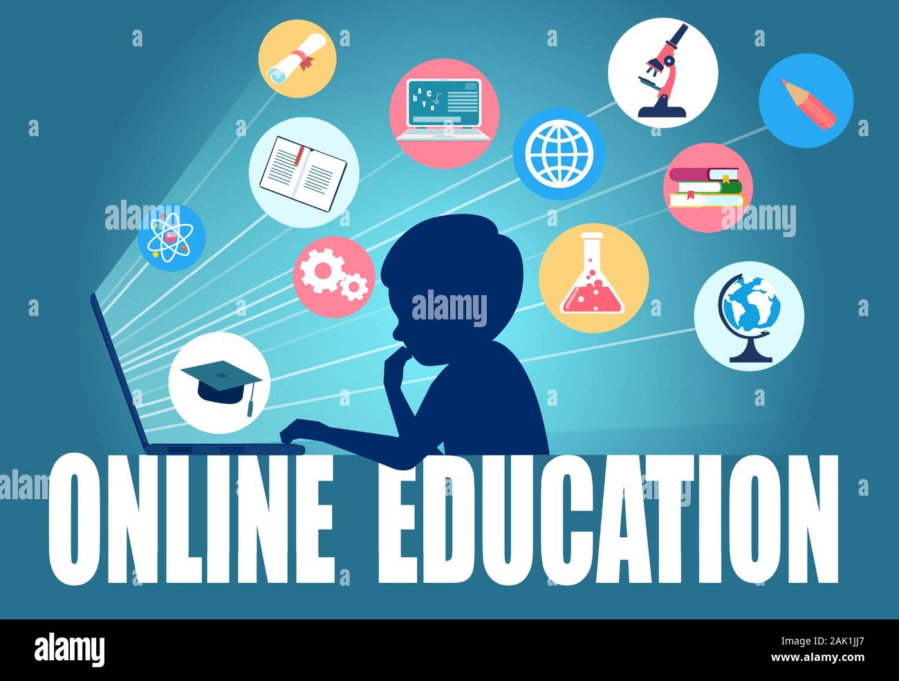 Vector of a boy using a computer surrounded by education icons and ...