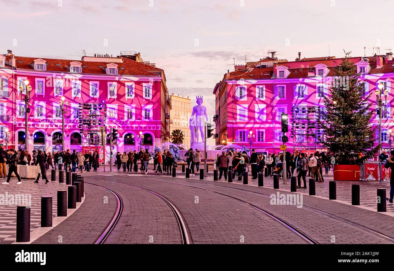 Statue Of Apollo In Place Massena Square at Night Nice France Stock ...