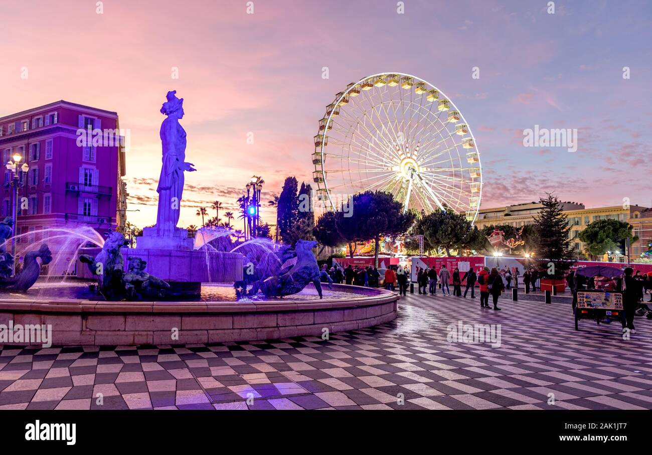 Statue Of Apollo In Place Massena Square at Night Nice France Stock ...