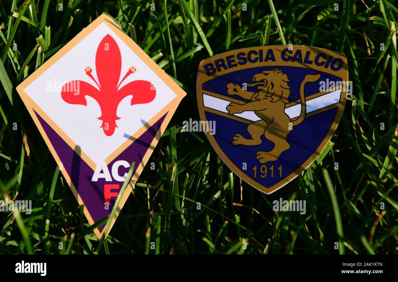 September 6, 2019, Turin, Italy. Emblems of Italian football clubs ...
