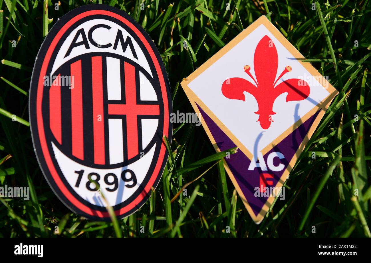 September 6, 2019, Turin, Italy. Emblems of Italian football clubs ...