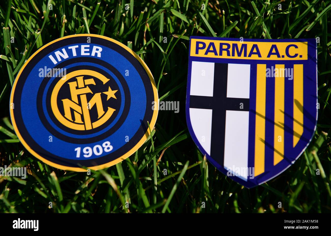 September 6, 2019, Turin, Italy. Emblems of Italian football clubs ...