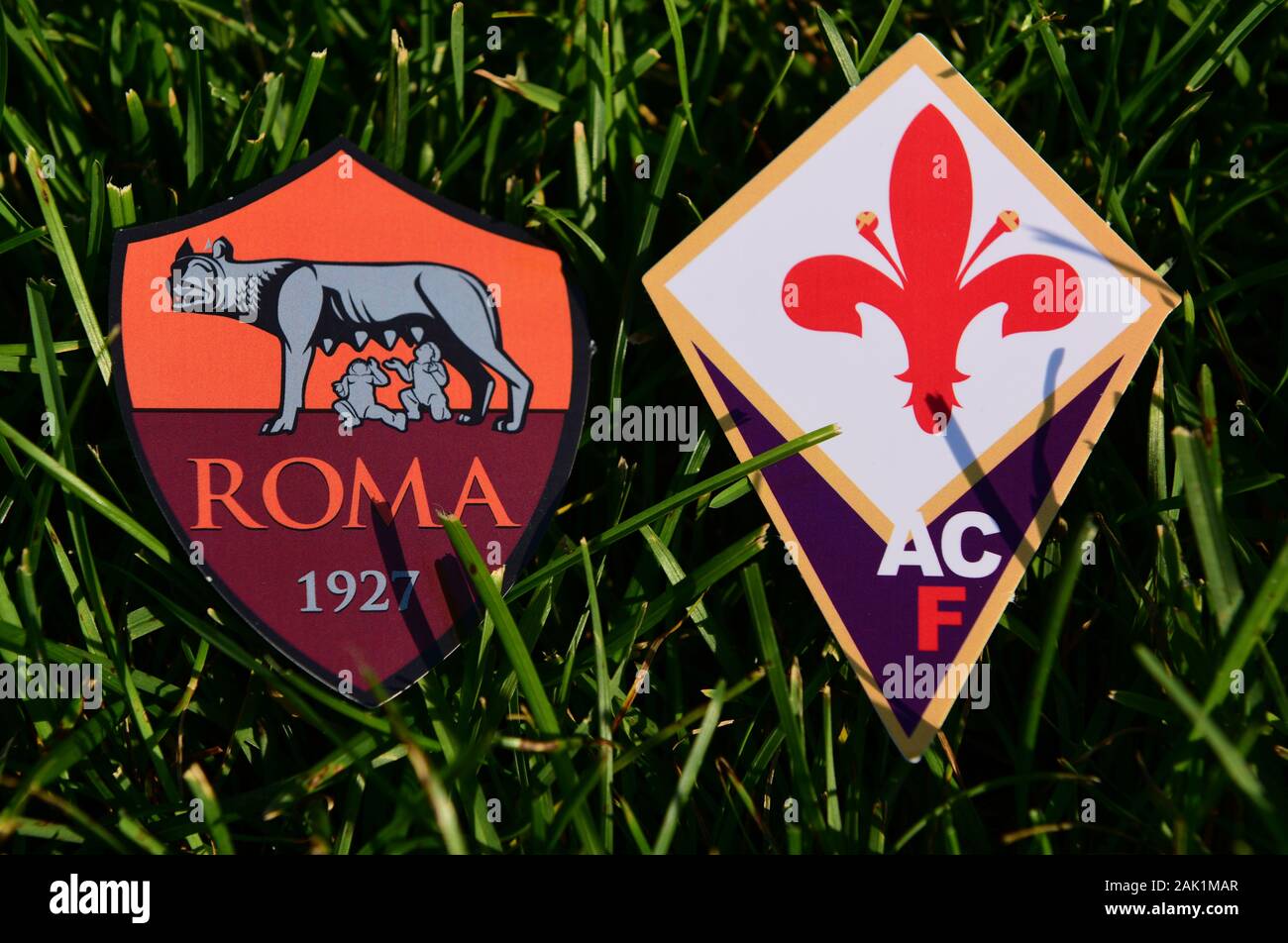September 6, 2019, Turin, Italy. Emblems of Italian football clubs Roma ...