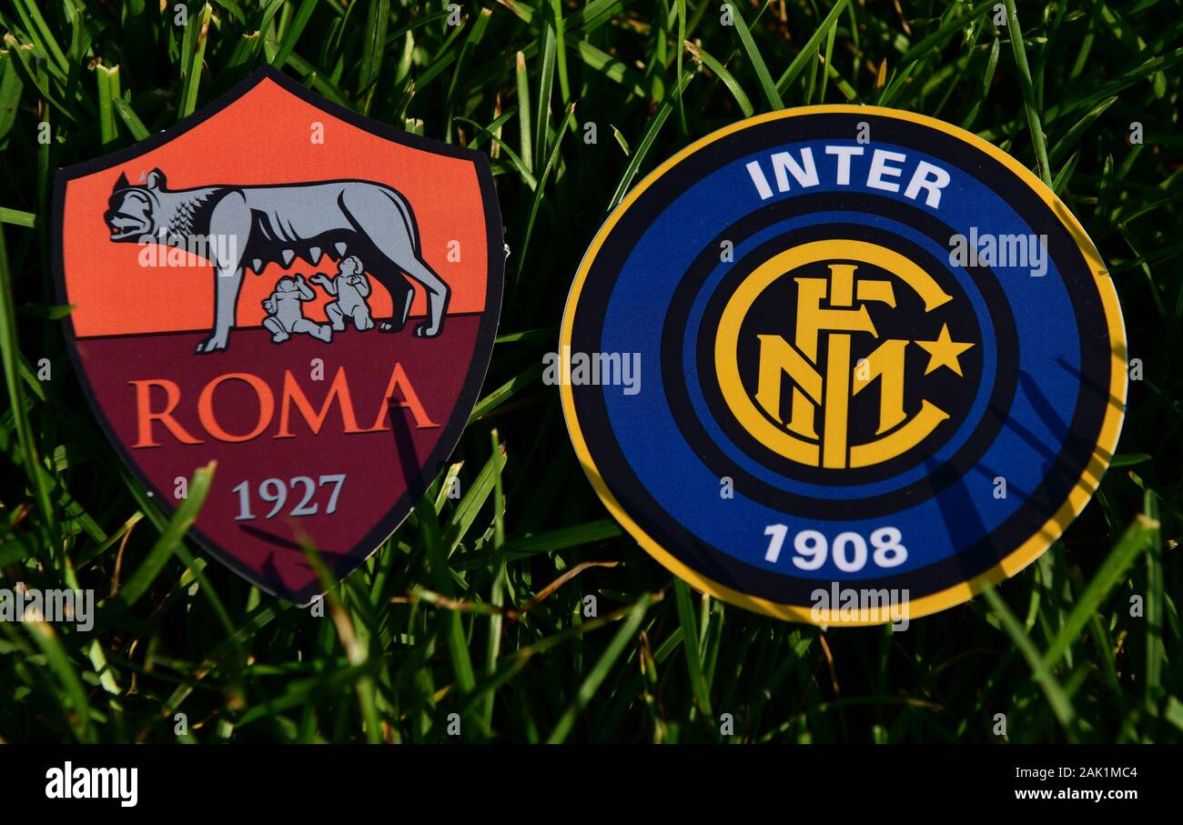 September 6, 2019, Turin, Italy. Emblems of Italian football clubs Roma ...