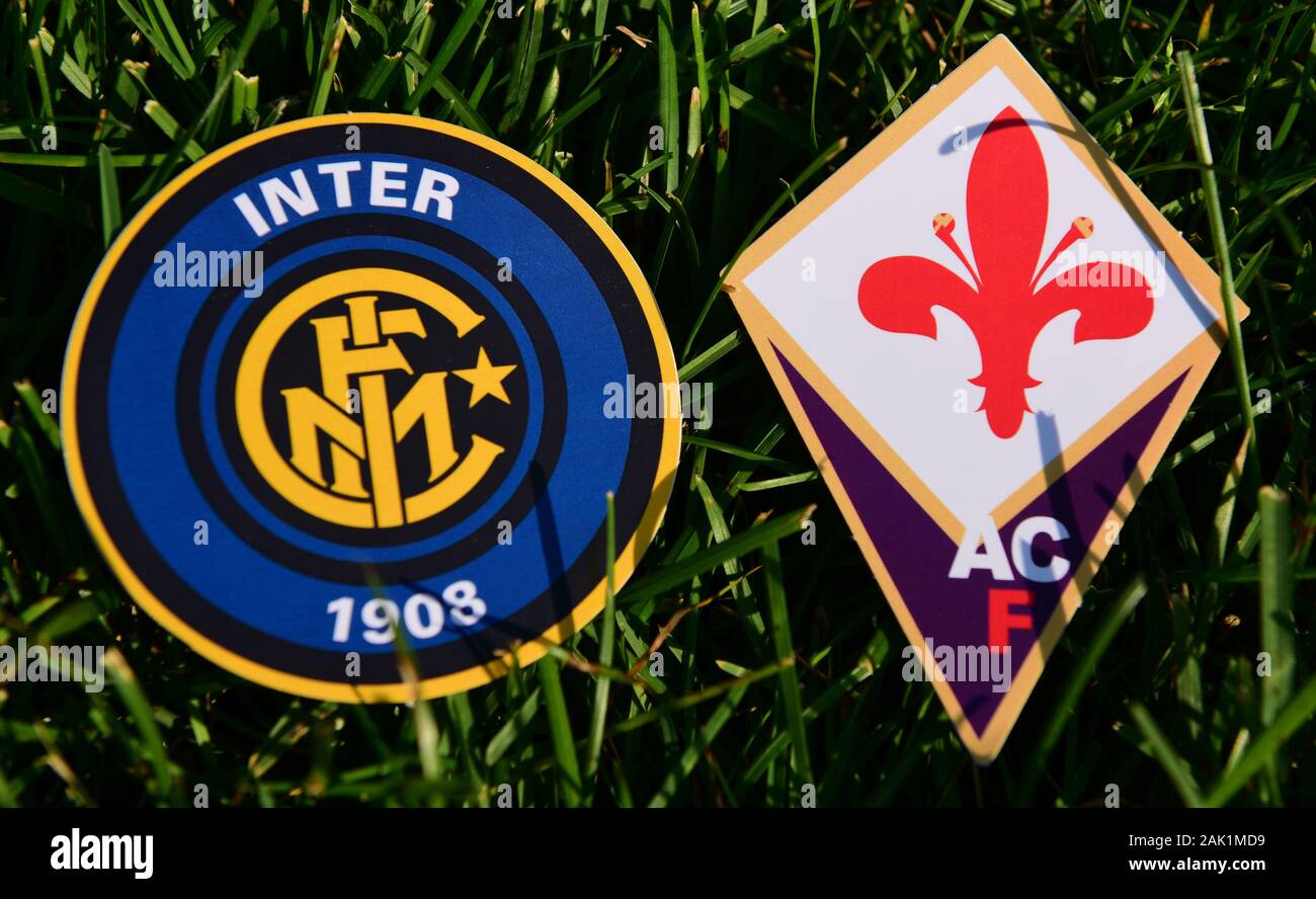 September 6, 2019, Turin, Italy. Emblems of Italian football clubs ...