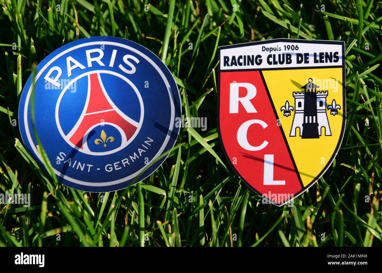 September 6, 2019, Paris, France. Emblems of french football clubs ...