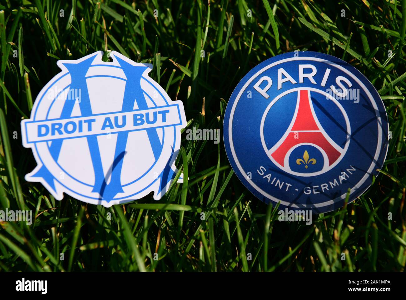 September 6, 2019, Paris, France. Emblems of french football clubs ...