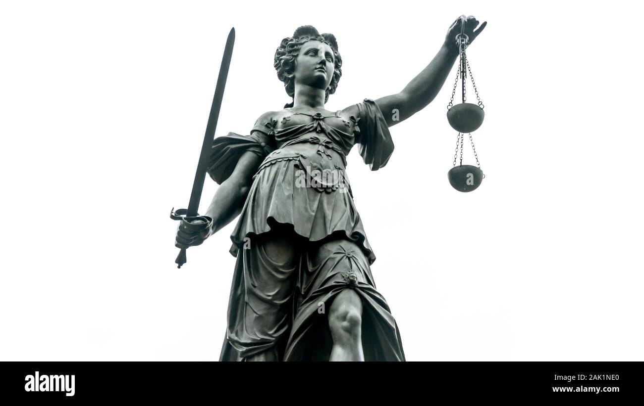 Justice Statue with Sword and Scale in Frankfurt/Main isolated on white ...