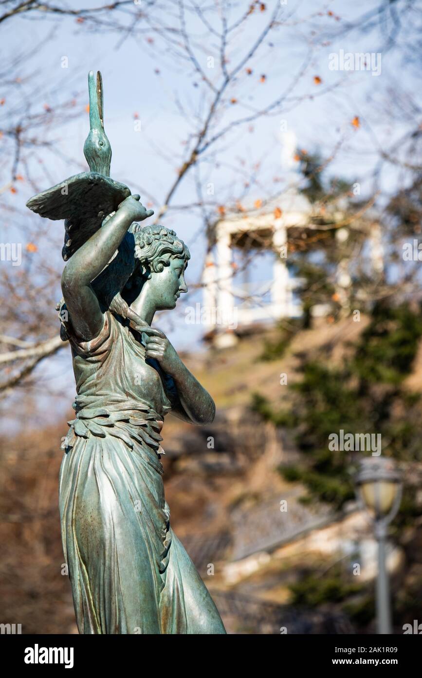A statue of Leda and the Swan stands below a pagoda a the Philadelphia ...