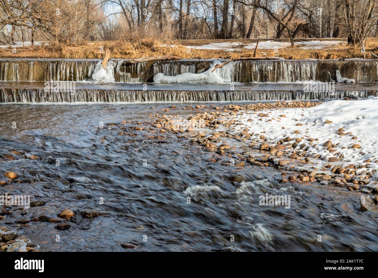 River diversion dam in winter scenery - Cache la Poudre River in Fort ...