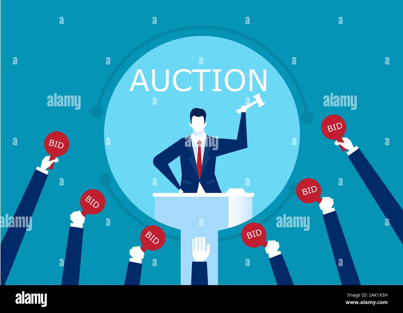 vector auctioneer hold gavel in hand. Buyers competitive raising arm ...